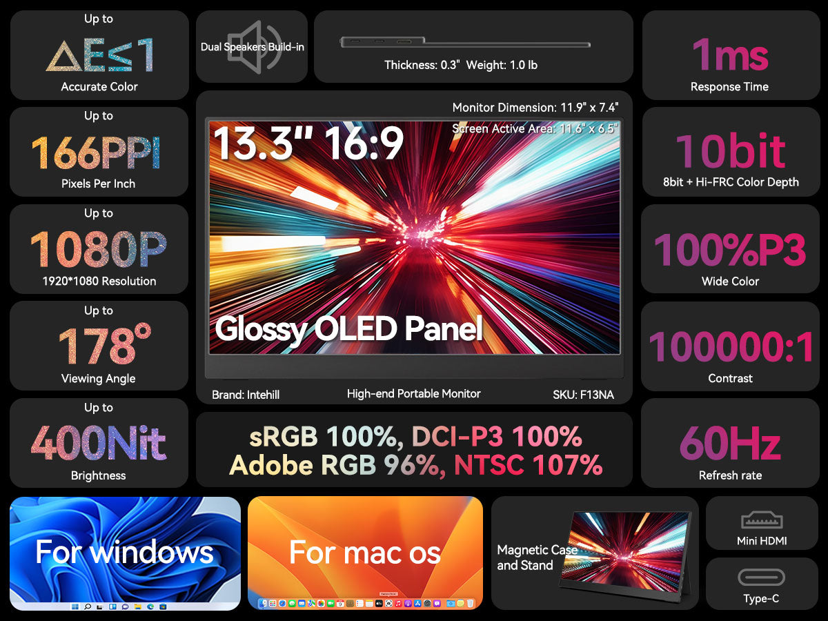 13.3" 1080P OLED Portable Monitor [F13NA] – Intehill